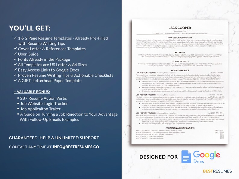 Simple Resume Template Google Docs ATS Friendly Resume - Etsy