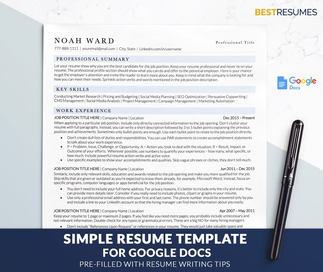 Resume Template Google Docs, Modern ATS Friendly Resume Template With ...