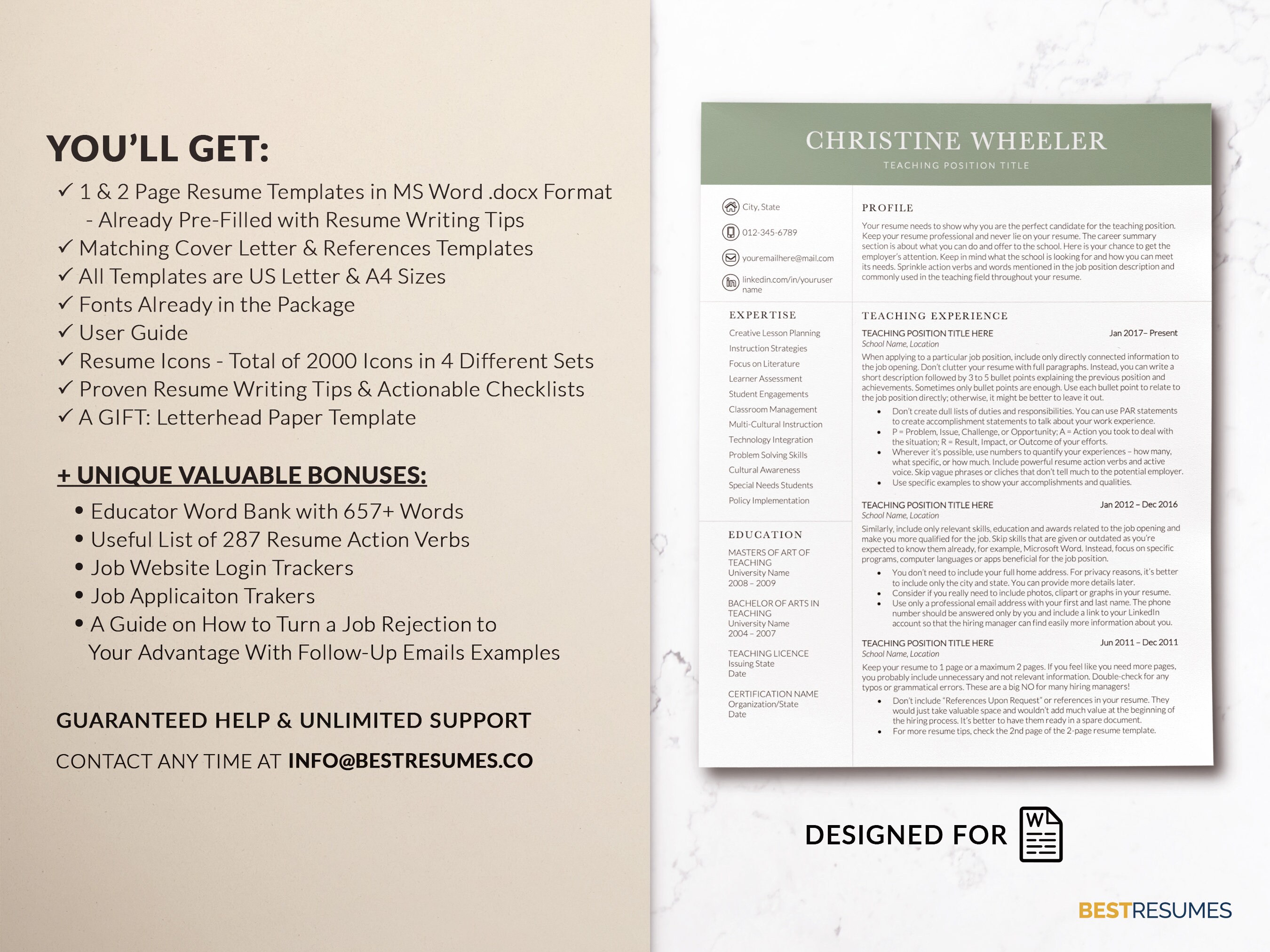 Professional Teacher Resume Template for Word, Modern Resume for ...