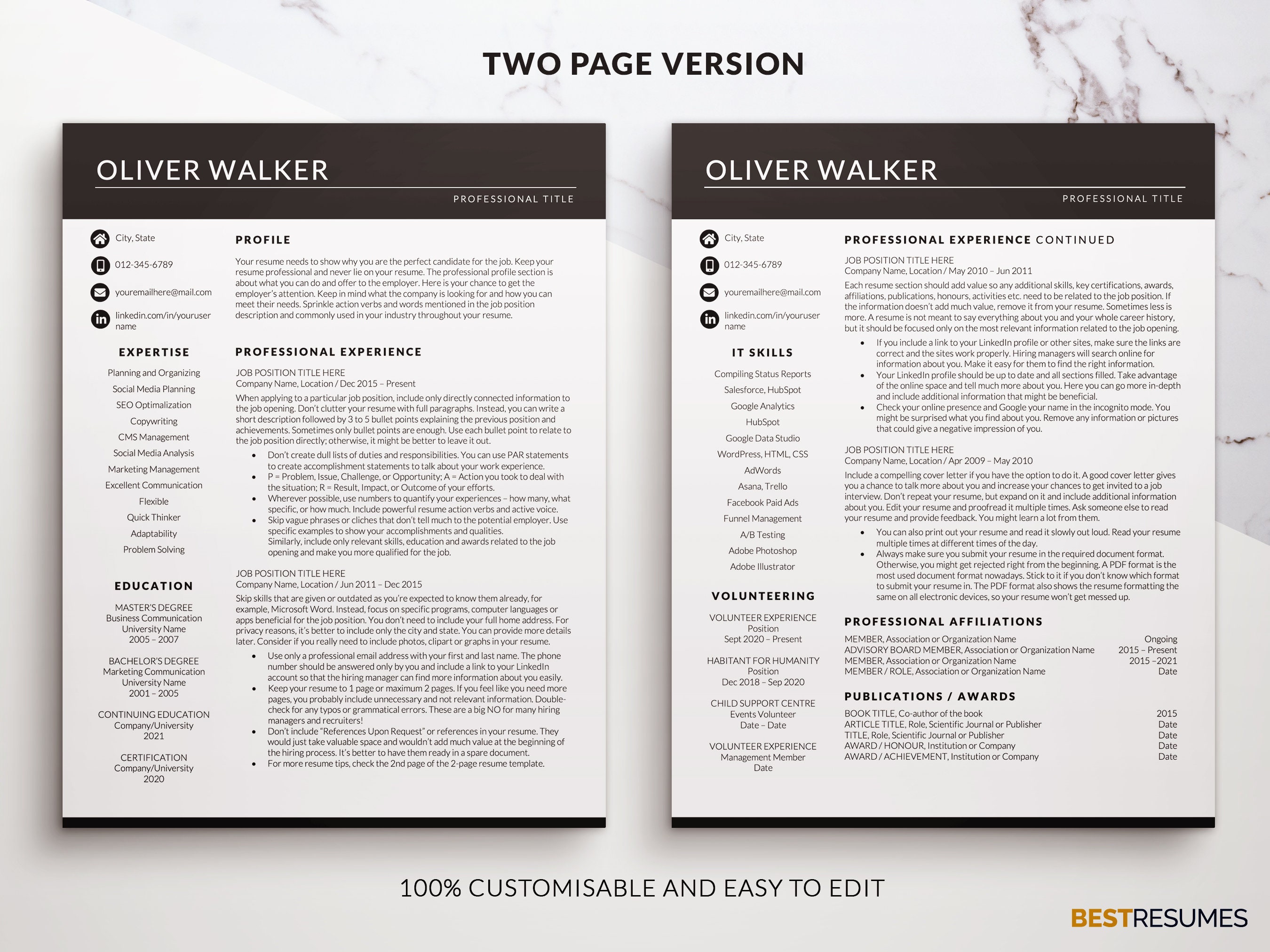 Modern 2 Column Resume Template for Word, Professional Resume Templates ...