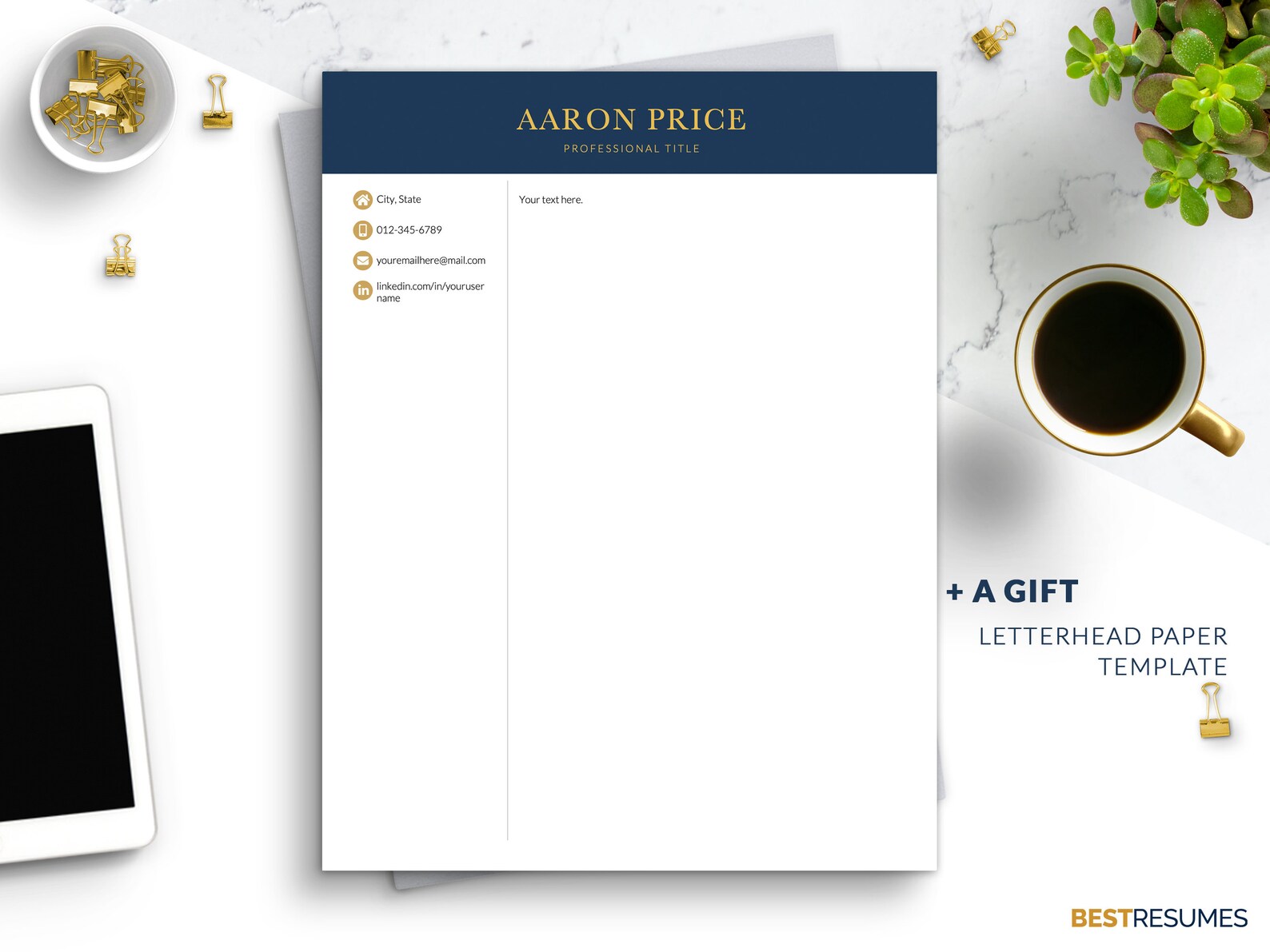 Modern Professional Resume Template Word Blue and Gold, Executive ...