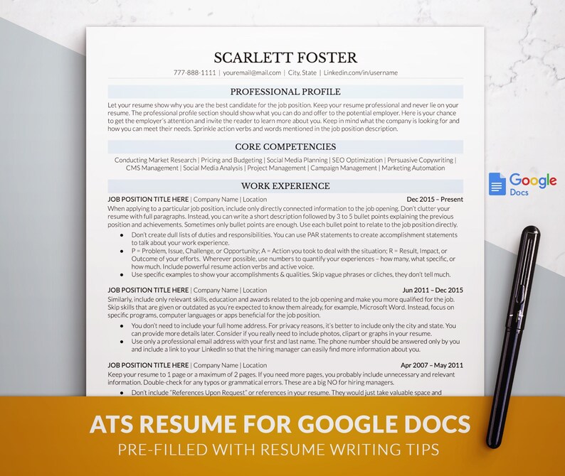 ATS Friendly Resume Template Google Docs, Word, Mac Pages, Professional ...
