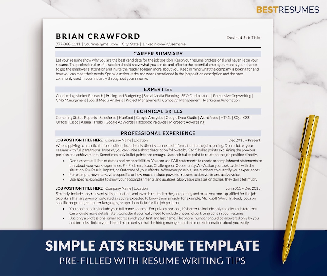 Simple ATS Friendly Resume Template for Google Docs, Word, Mac Pages ...