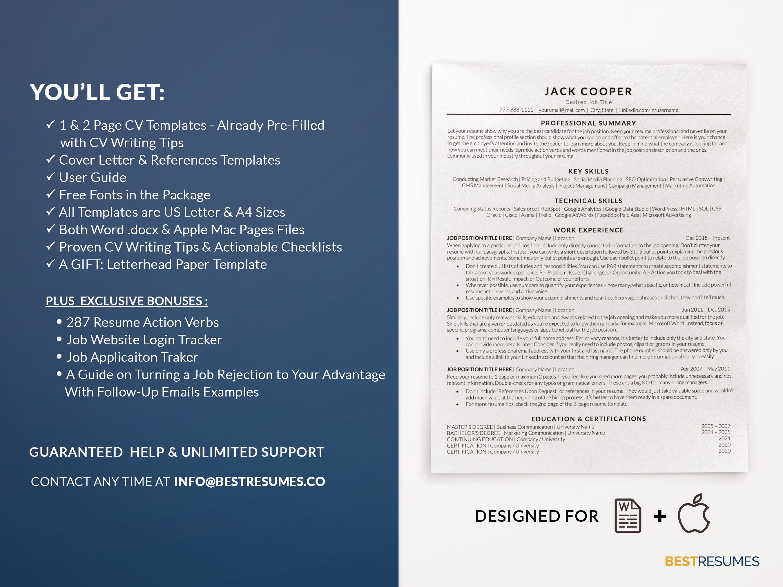 ATS Compatible CV Template Word, Google Docs, Apple Pages, Professional ...