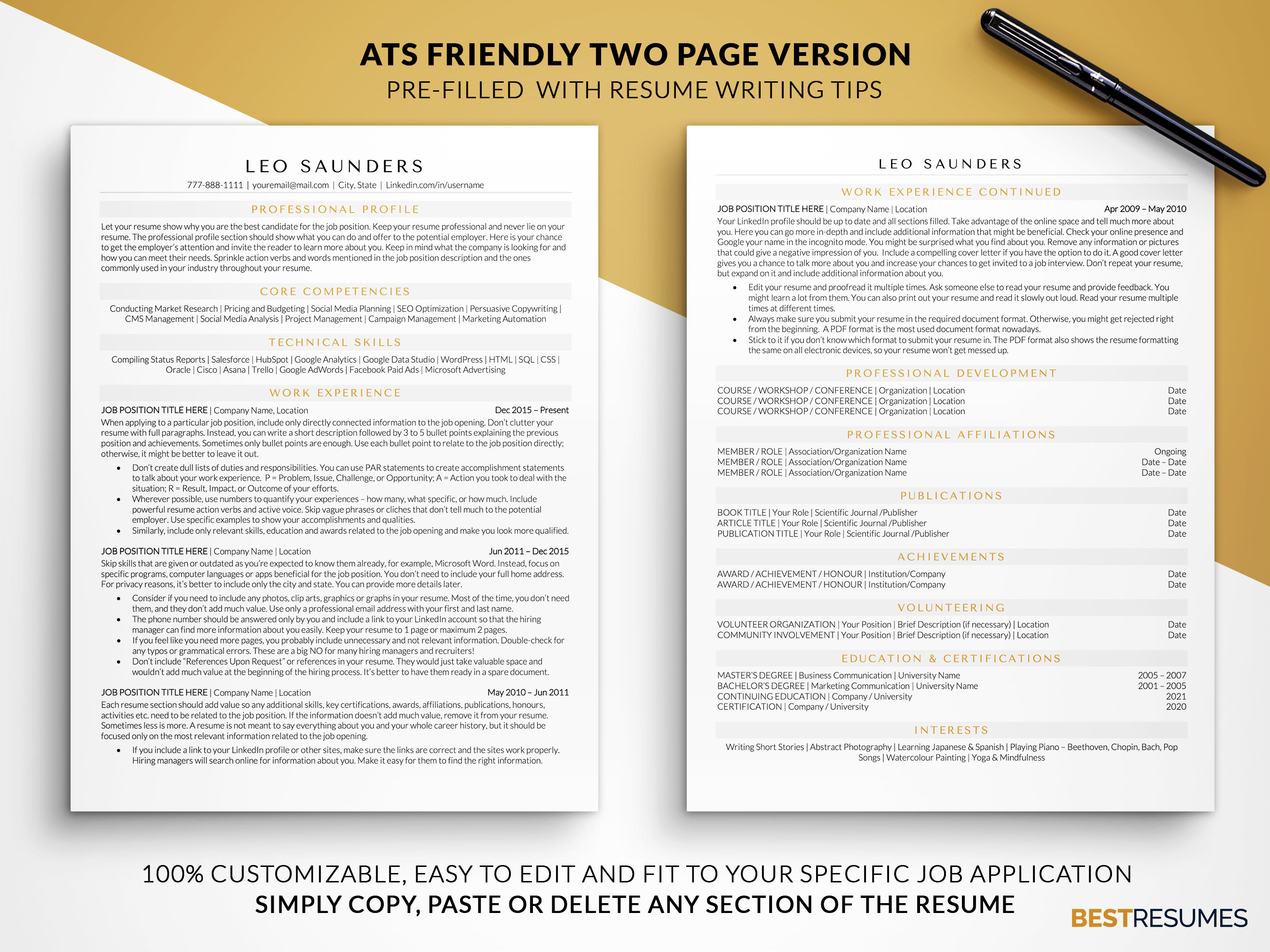 Professional ATS Resume Template Google Docs Word Mac Pages - Etsy