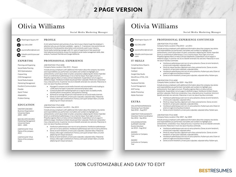 Modern Two Column Resume Templatefor Word, Professional Resume Template ...