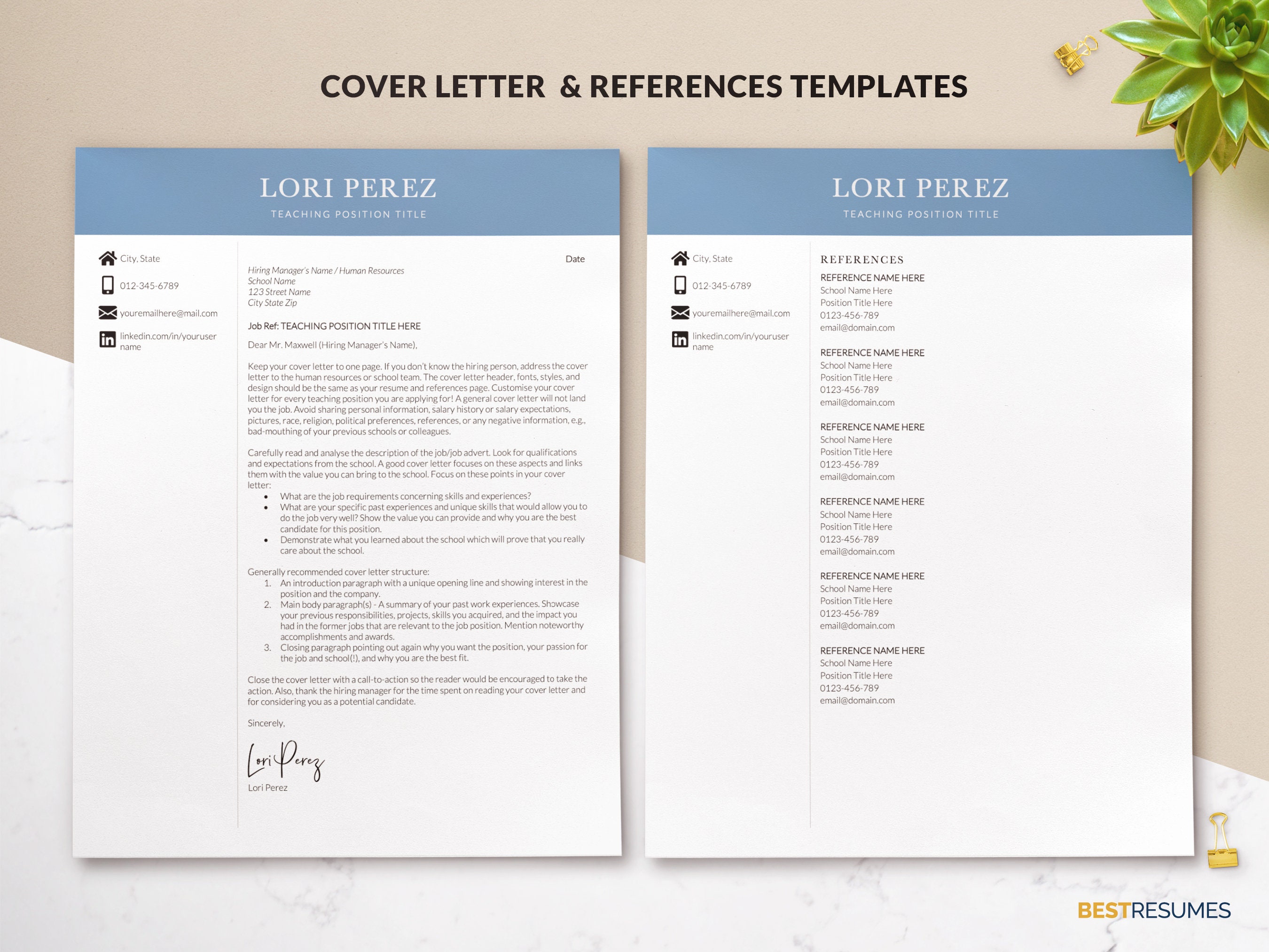 Professional Teaching Resume Template and Teacher Cover Letter, Teacher ...