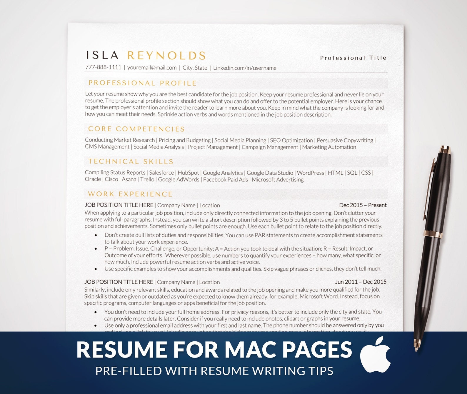 ATS Friendly Resume Template for Apple Mac Pages, Google Docs, Word ...
