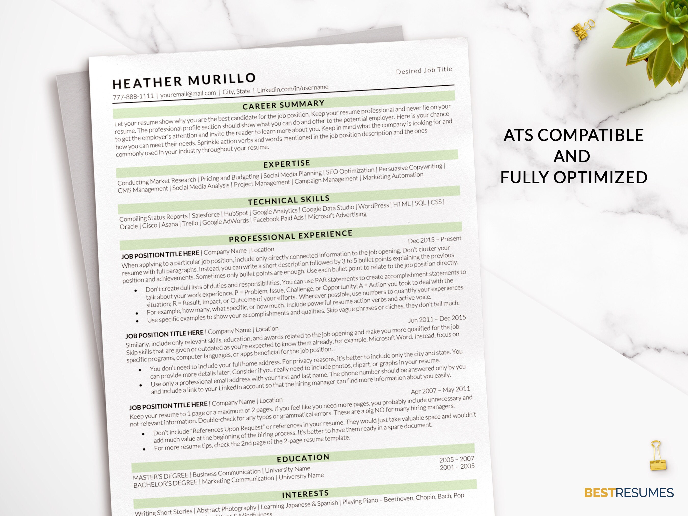 Resume Template ATS Friendly, Resume Template for Word and Apple Mac ...