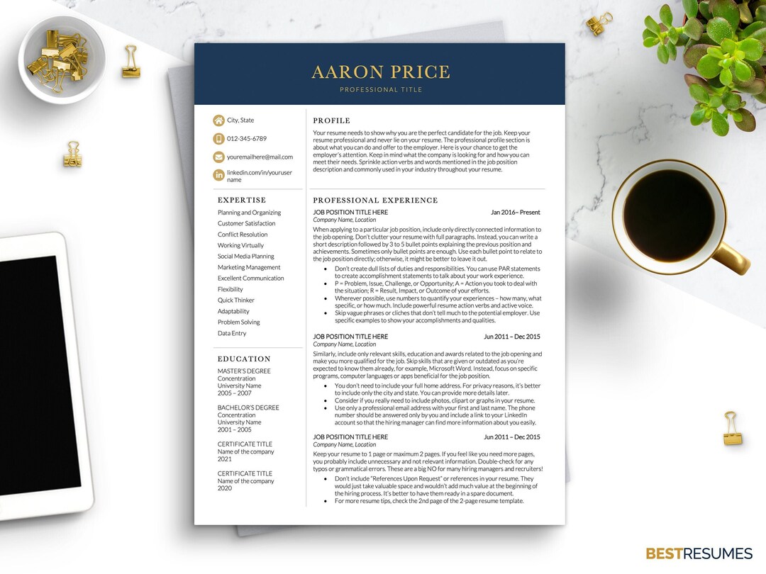 Modern Professional Resume Template Word Blue and Gold, Executive ...