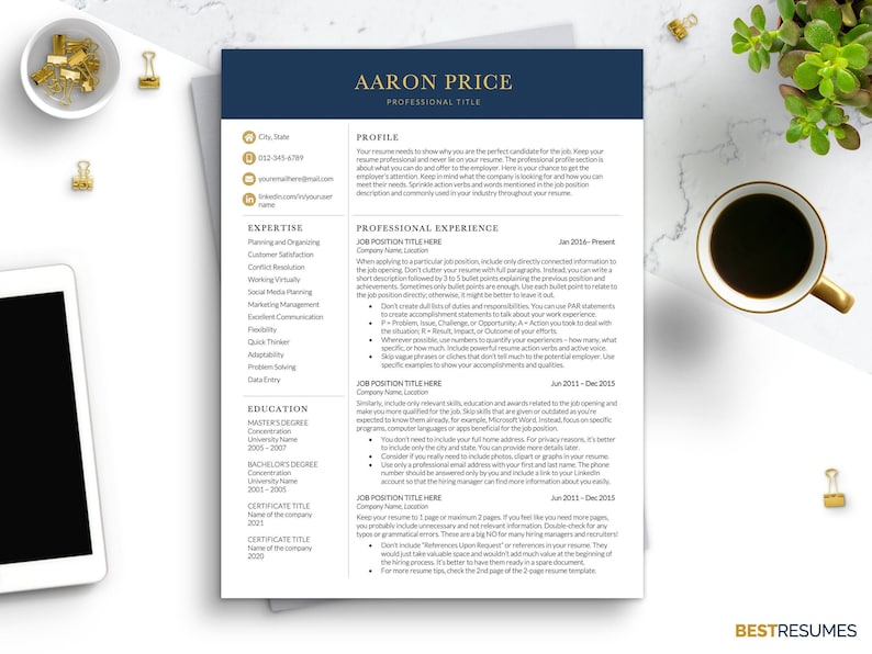 Modern Professional Resume Template Word Blue and Gold, Executive ...
