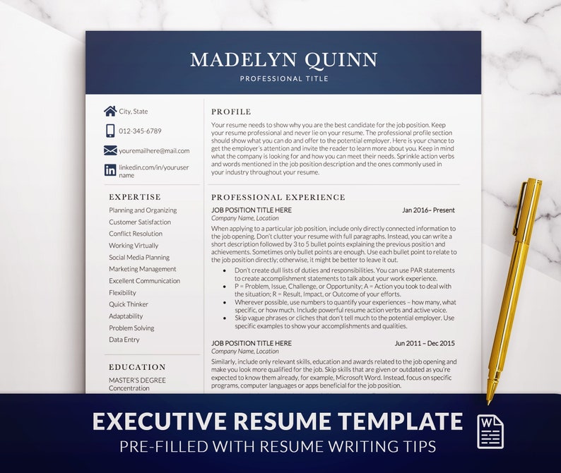 Executive Resume Template, Clean Modern Professional CV Template for ...