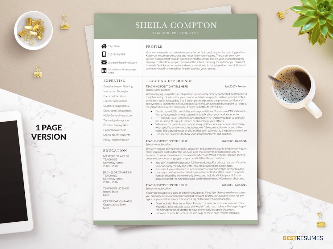 Modern Resume Template for Teachers, Professional Teacher Resume ...