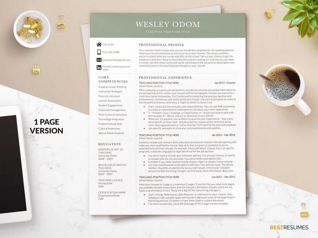 Modern Teacher Resume Template Word, Professional Resume Template for ...
