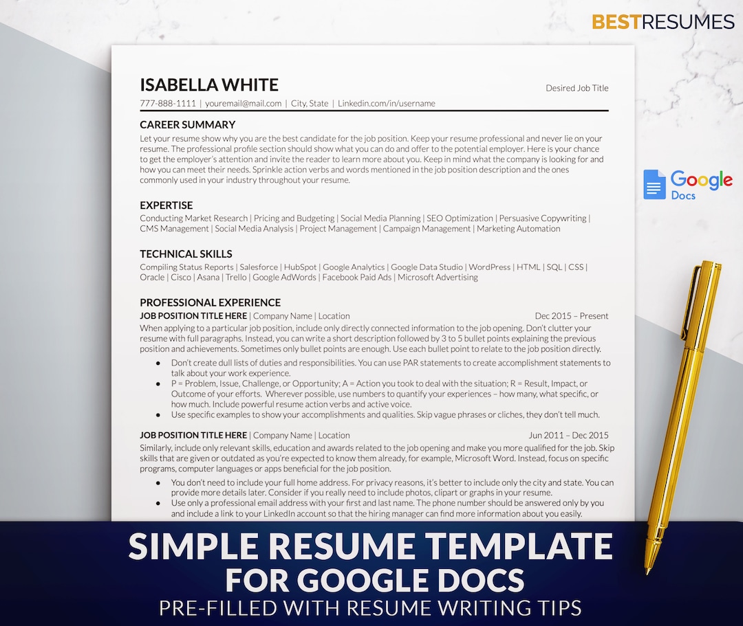 ATS Friendly Resume Template Google Docs, Simple ATS Compliant Resume ...