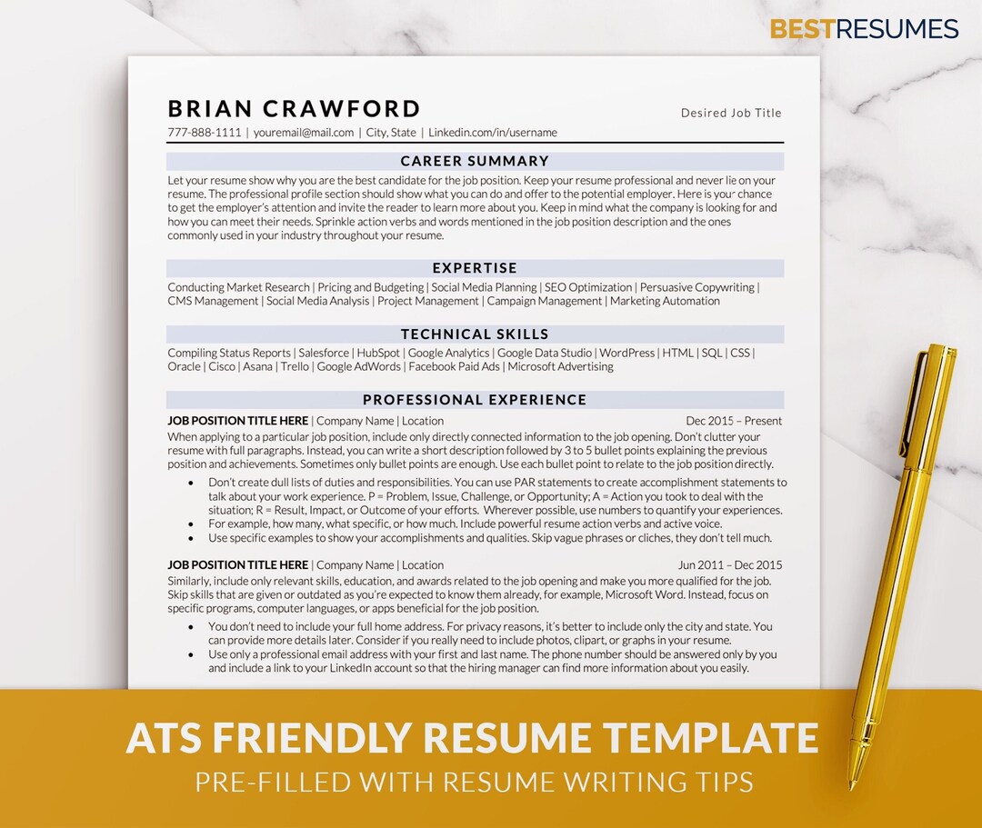 Professional Simple ATS Friendly Resume Template for Word, Mac Pages ...