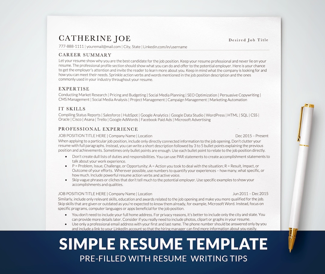 Minimalist Simple Resume Template for Word, Google Docs, Mac Pages ...