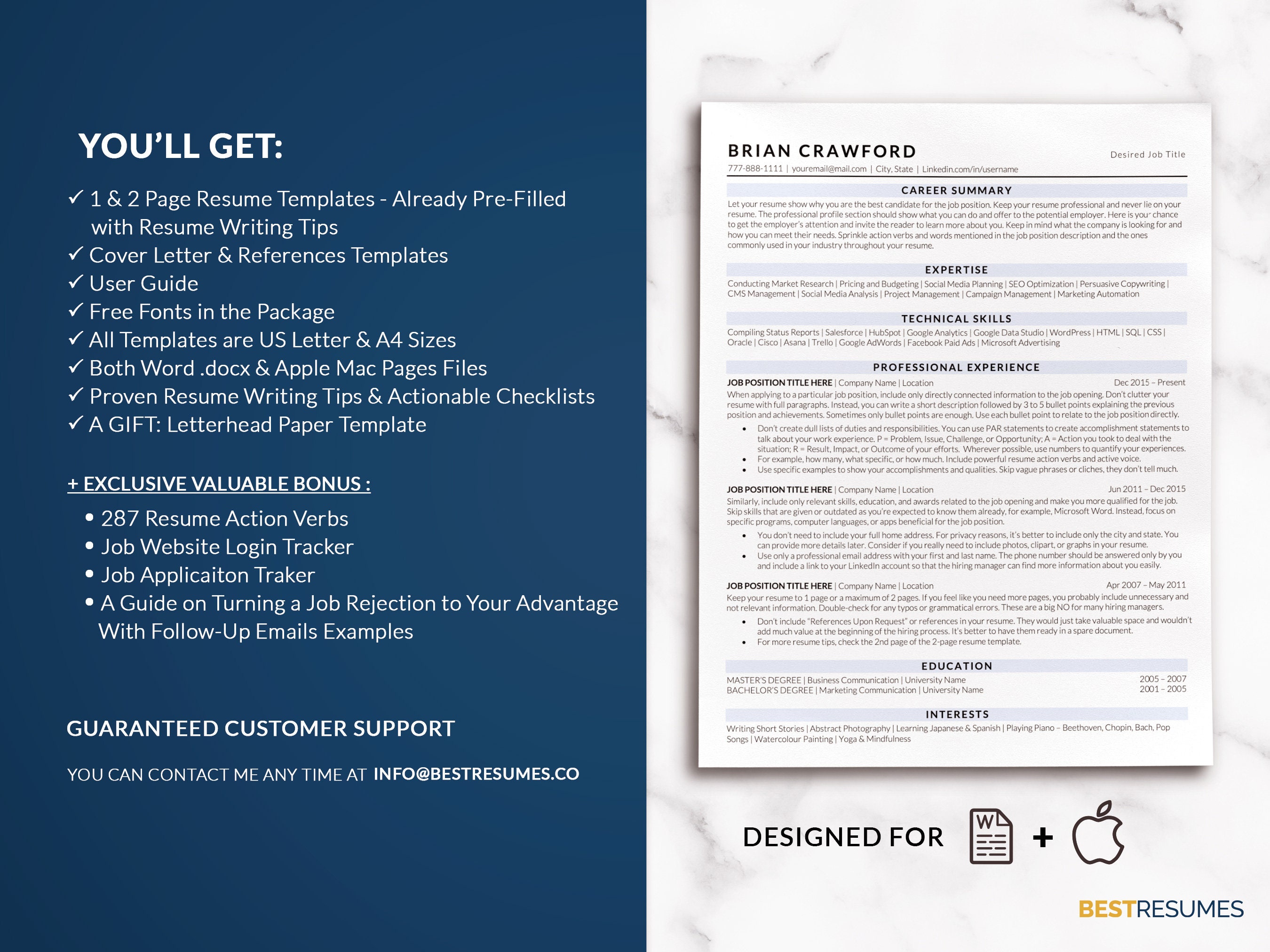 Professional Simple ATS Friendly Resume Template for Word, Mac Pages ...