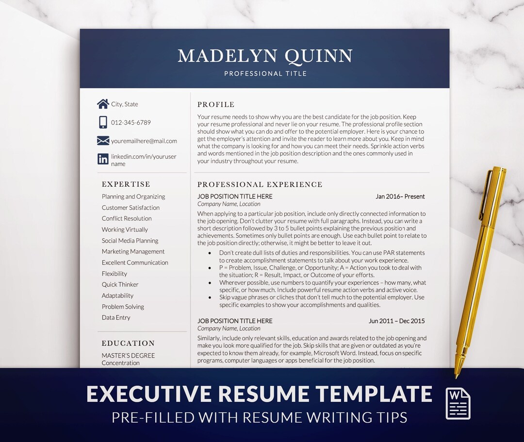 Executive Resume Template, Clean Modern Professional CV Template Word ...