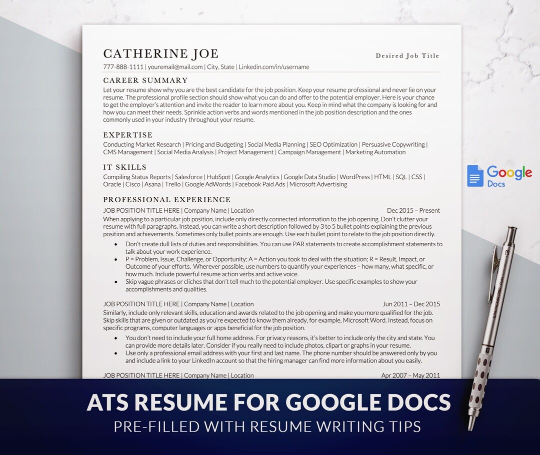 ATS Friendly Resume Template for Google Docs, Ms Word, Mac Pages ...