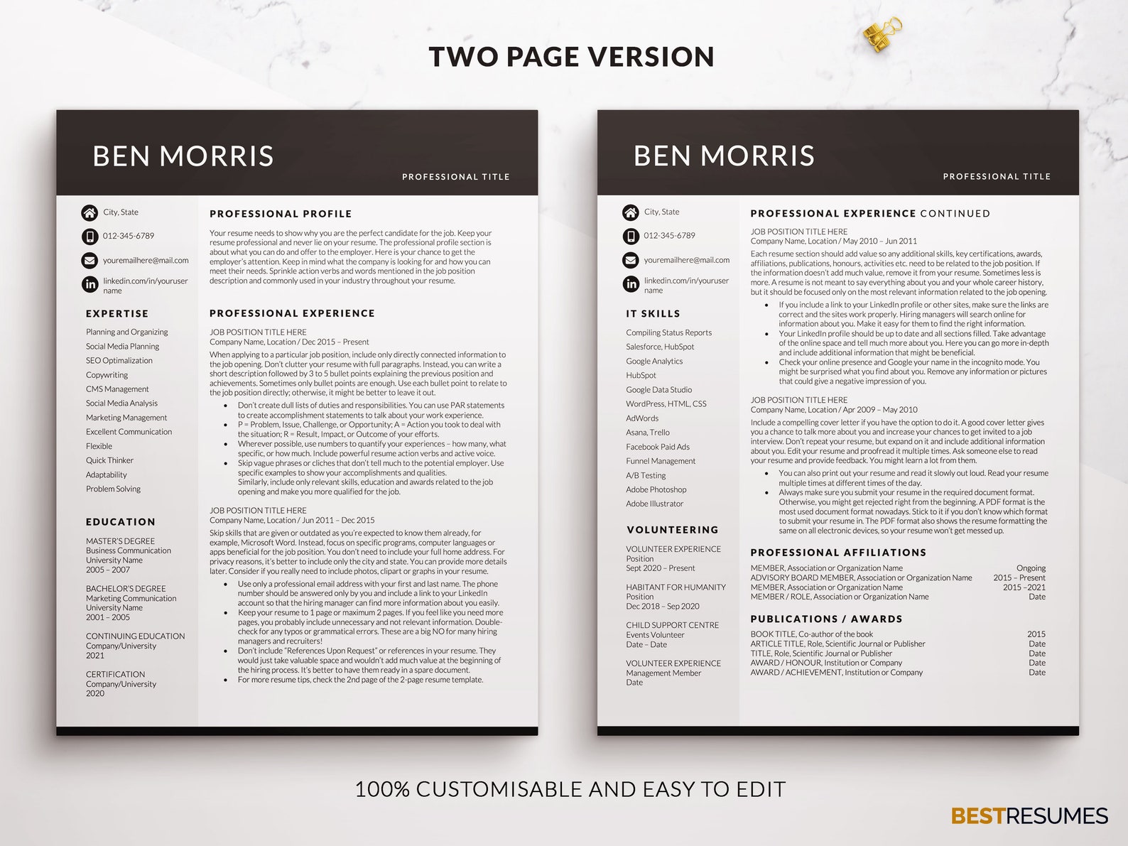 Modern Two Column Resume Template for Word, Executive Resume Template ...