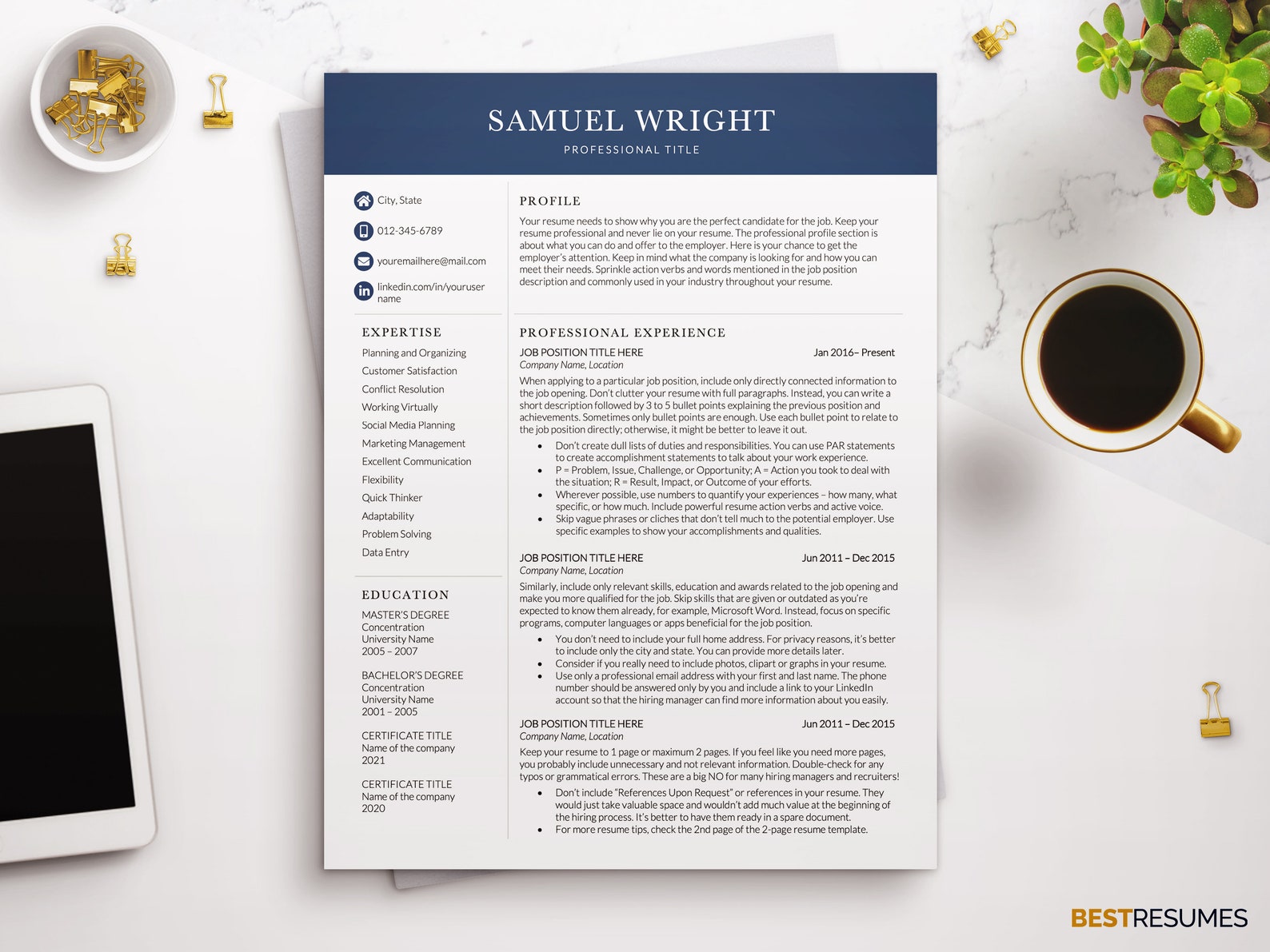Professional 1 Page Resume Fill-in With a Matching Cover Letter, Resume ...