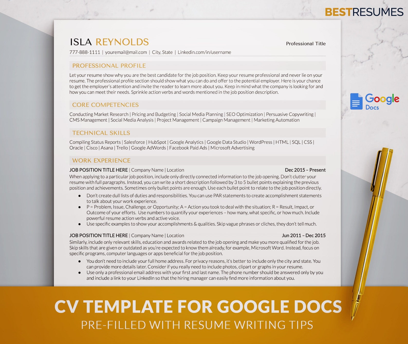 CV Template for Google Docs, ATS Friendly Resume Template, Professional ...