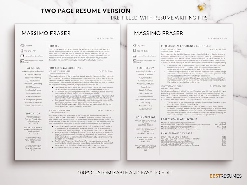 Two Column Resume Template for Word, Professional Resume, Two Page, One ...