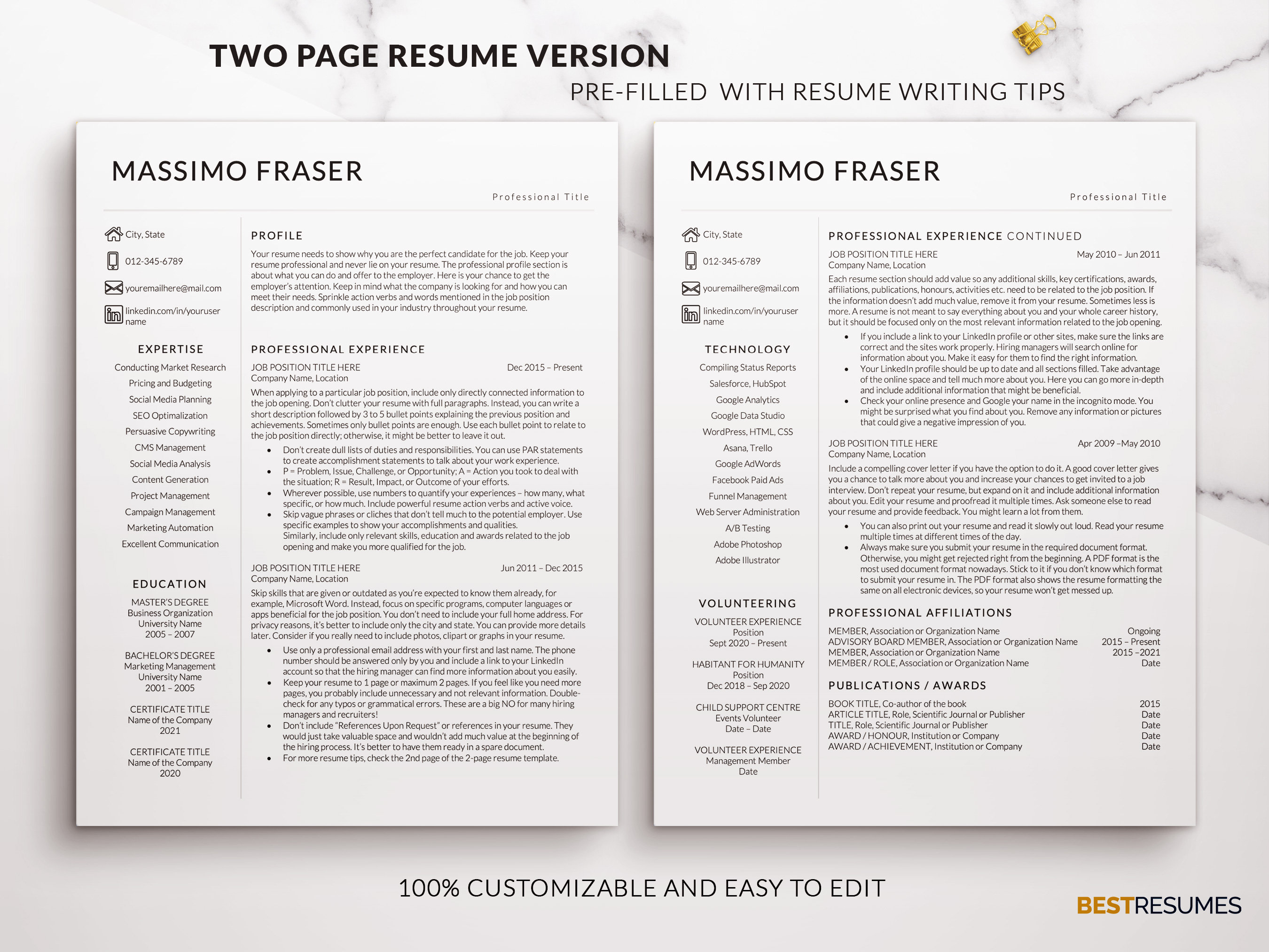 Two Column Resume Template for Word, Professional Resume, Two Page, One ...