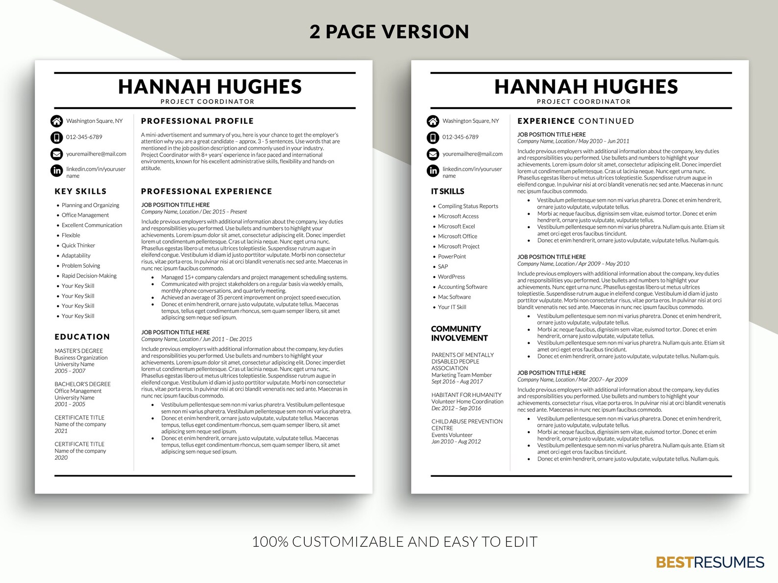 Modern Professional Resume Template Word 1 & 2 Page Resume Two Column ...