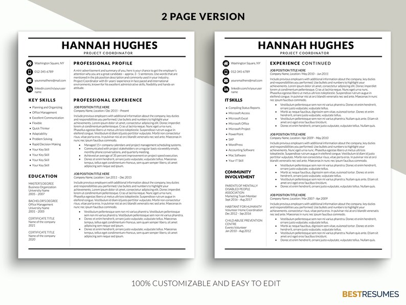 Modern Professional Resume Template Word 1 & 2 Page Resume Two Column ...