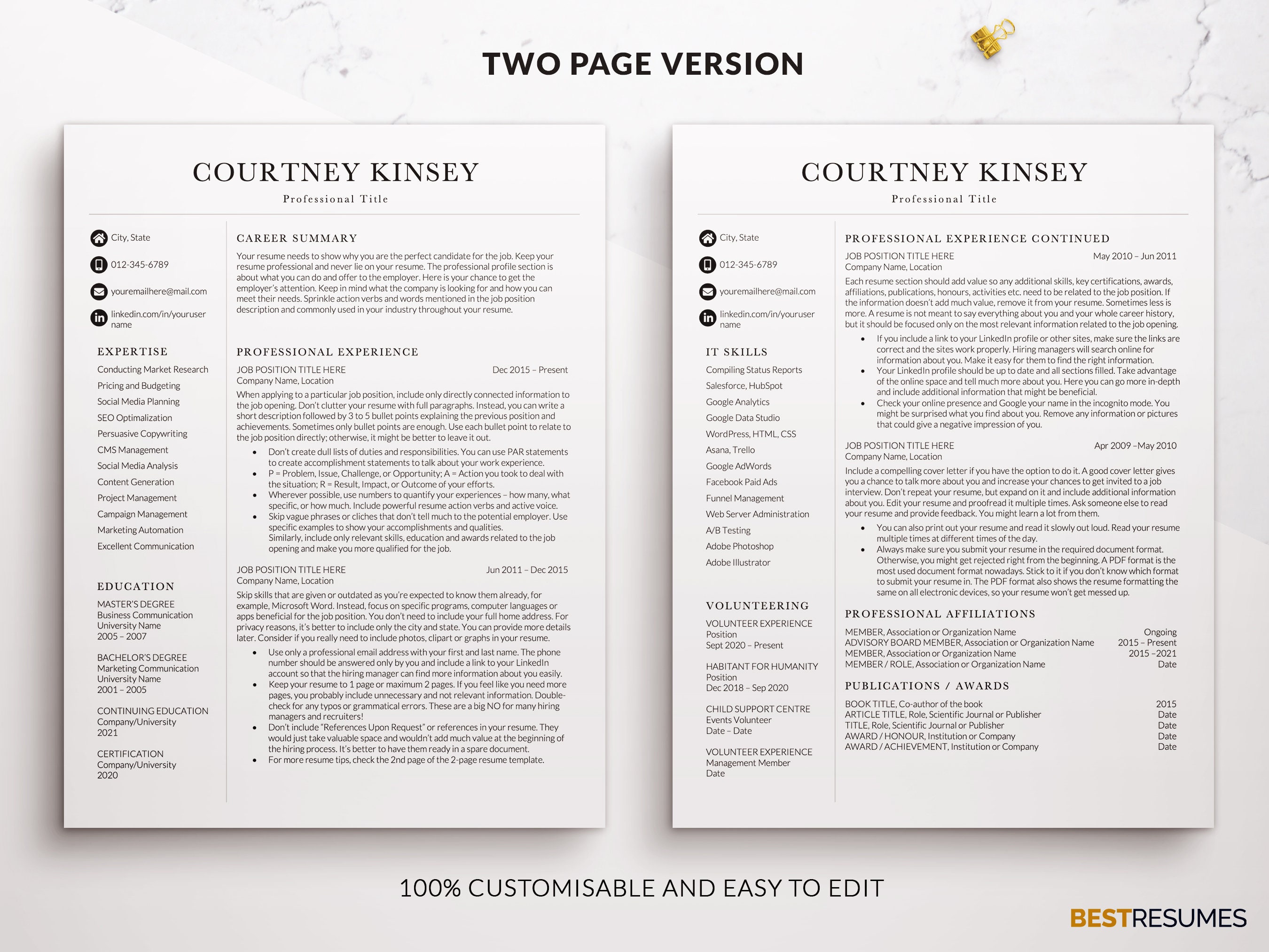 Professional Resume Template for Word With Clean Modern 2 Page Resume ...
