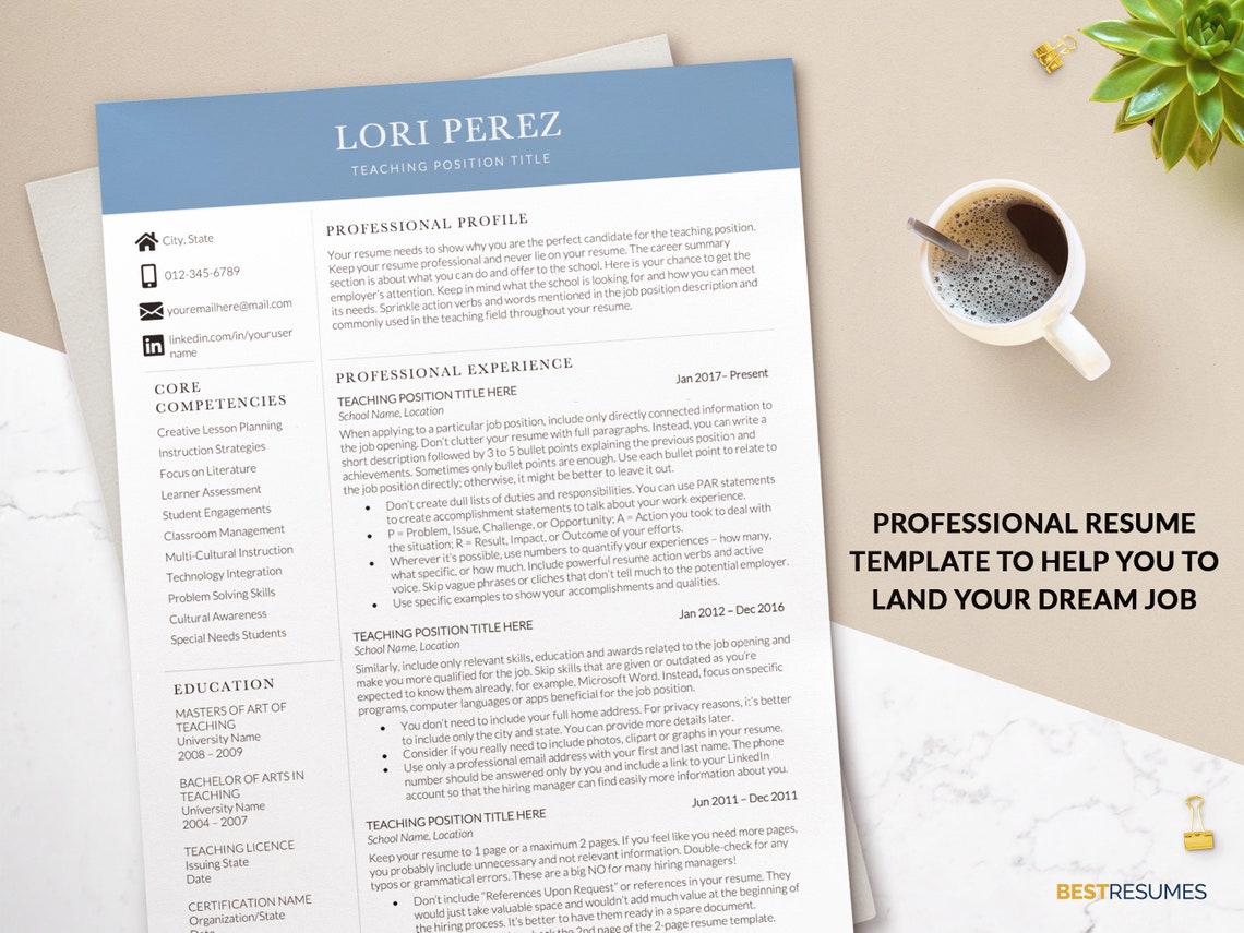 Professional Teaching Resume Template and Teacher Cover Letter, Teacher ...