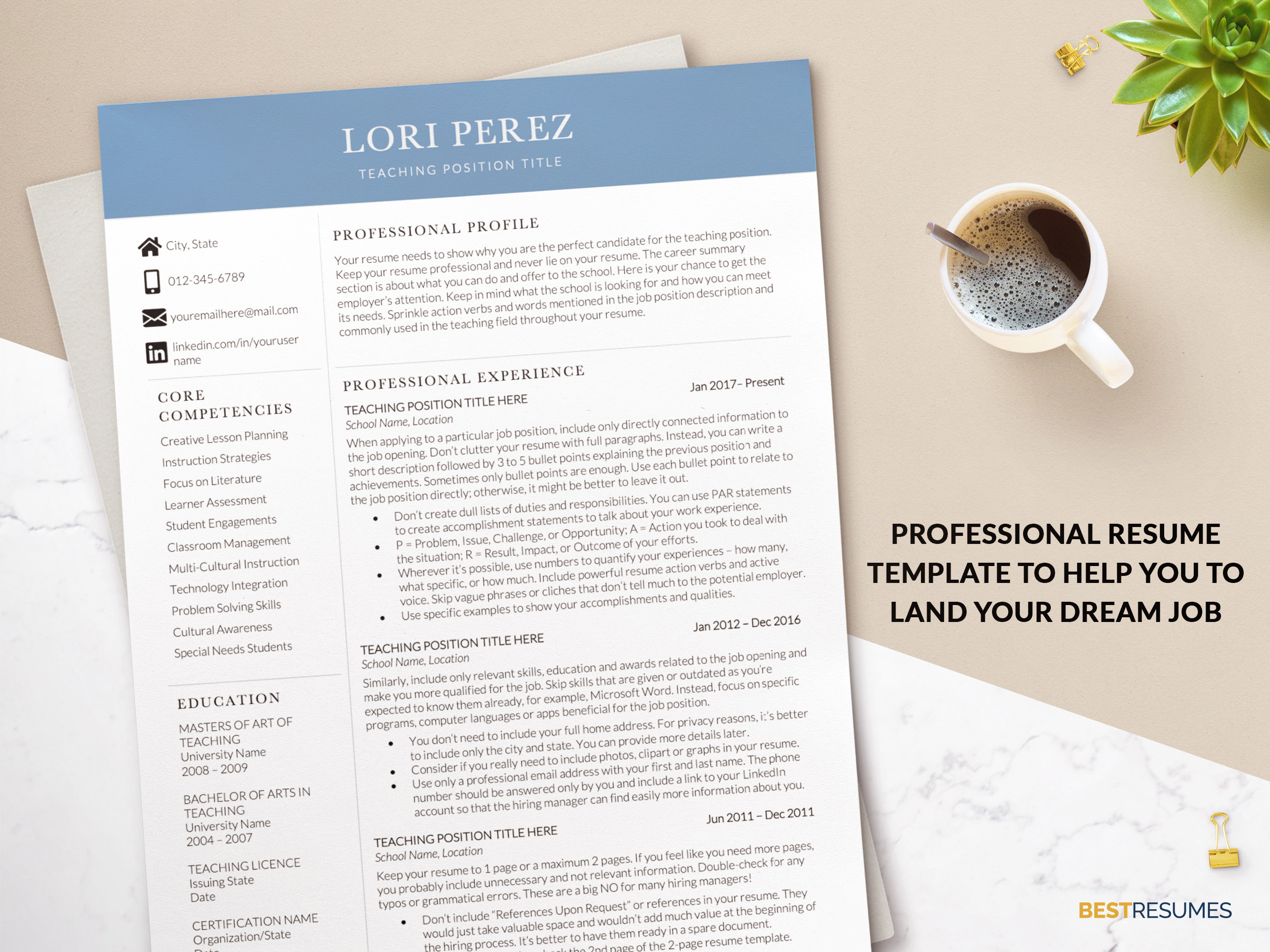 Professional Teaching Resume Template and Teacher Cover Letter, Teacher ...