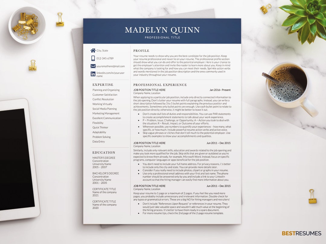 Modern Professional Resume Template Word, Navy Blue Resume Template for ...
