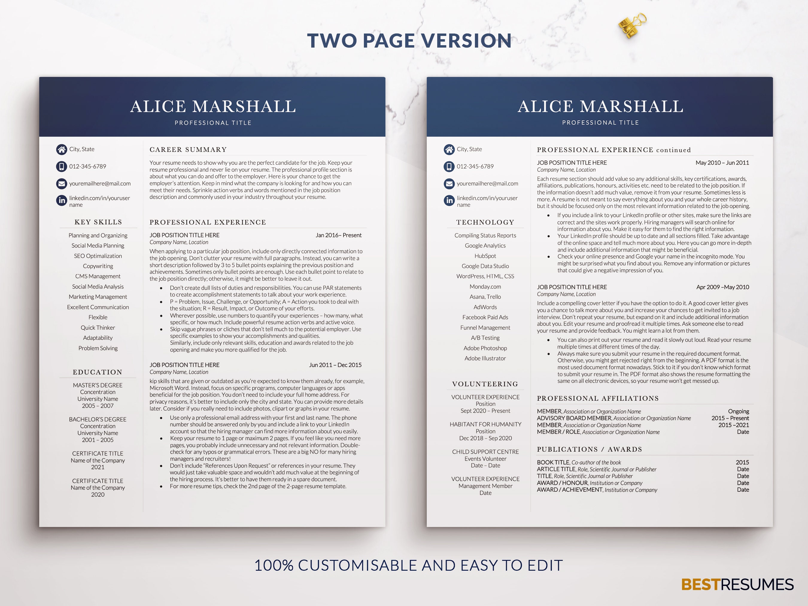 Modern Executive Resume Template Word, Two Page Resume Template, Two ...