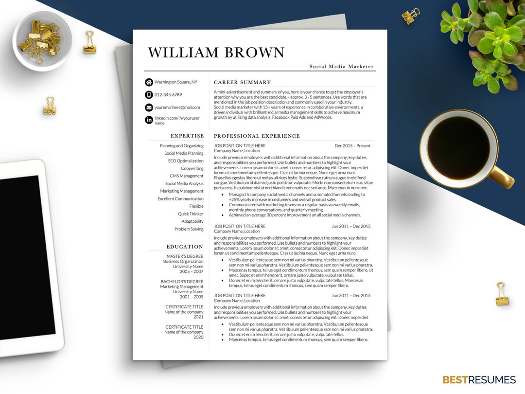 Two Column Resume Template for Word, Clean Professional Two Page Resume ...