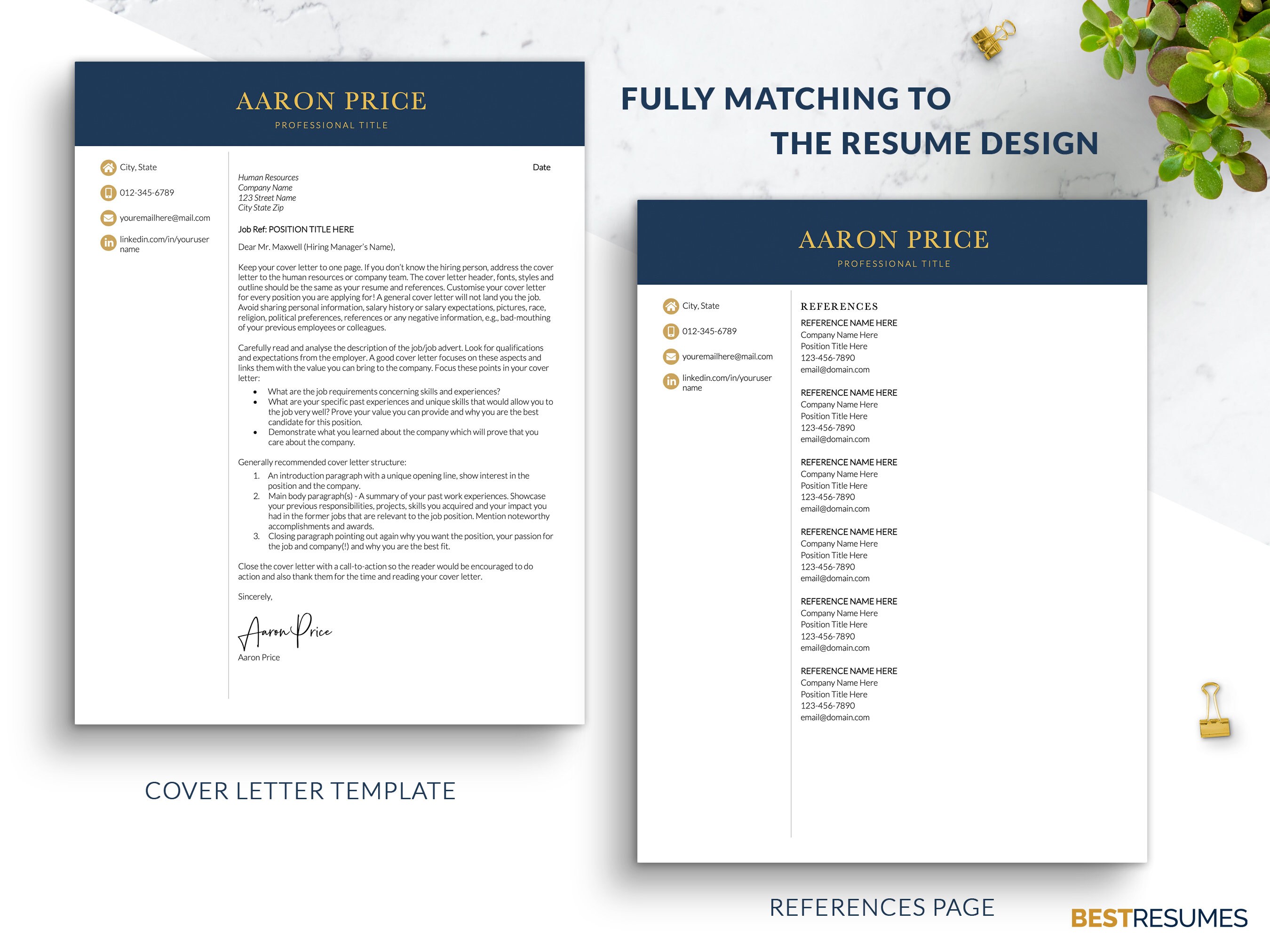 Modern Professional Resume Template Word Blue and Gold, Executive ...
