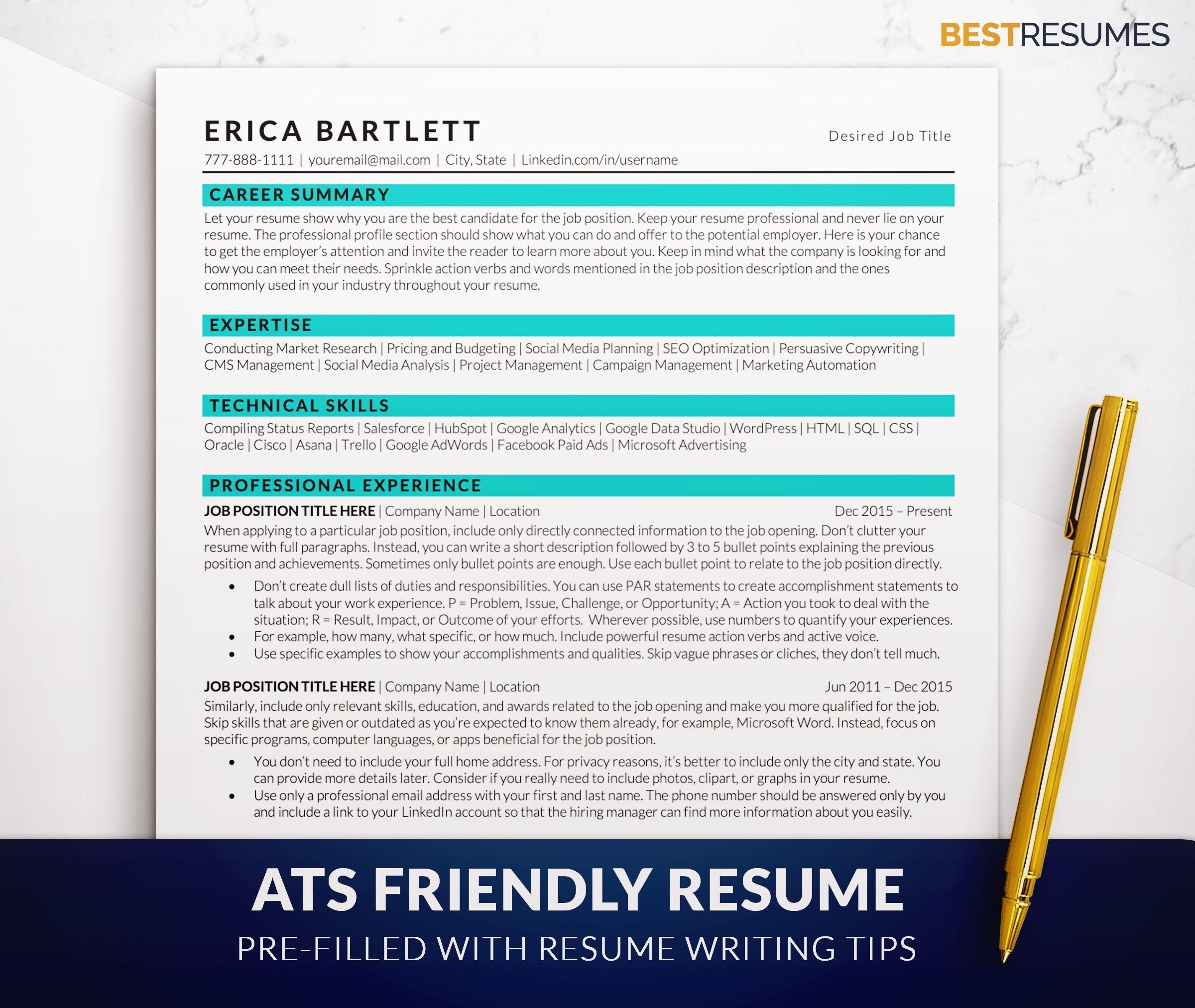 Elegant ATS Friendly Resume Template for Word, Mac Pages, Google Docs ...