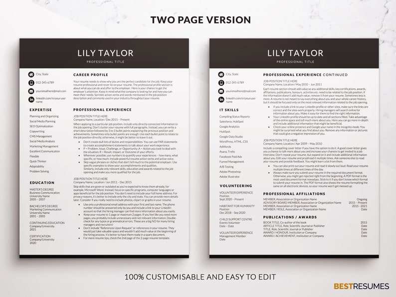 Professional Modern Resume Template in Word, Two Column Resume Template ...