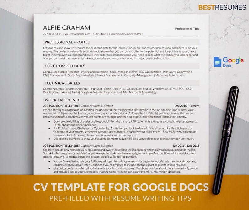 ATS Friendly CV Resume Template for Google Docs, Word, Mac Pages ...