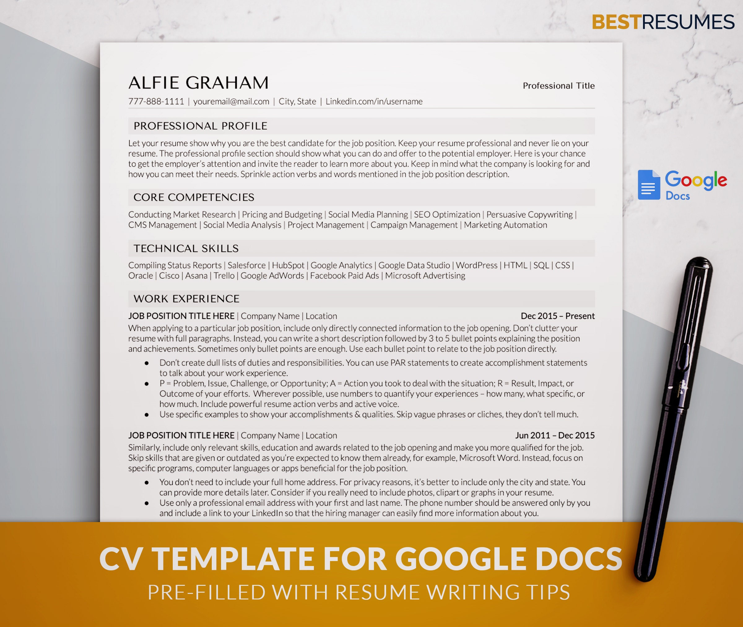 ATS Friendly CV Resume Template for Google Docs, Word, Mac Pages ...