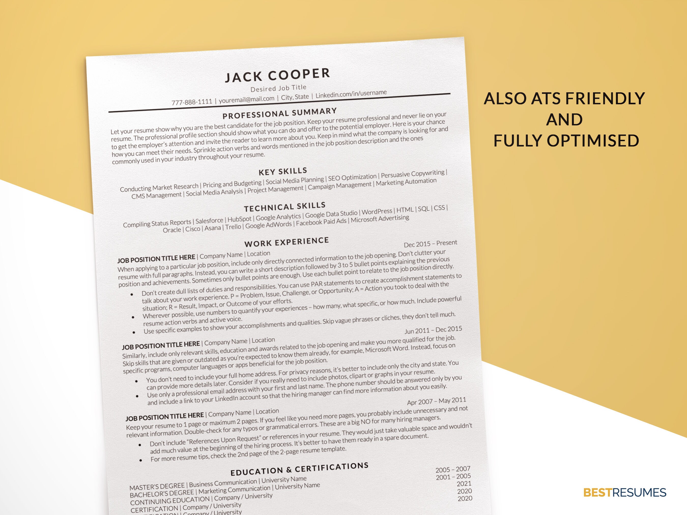 ATS Compatible CV Template Word, Google Docs, Apple Pages, Professional ...