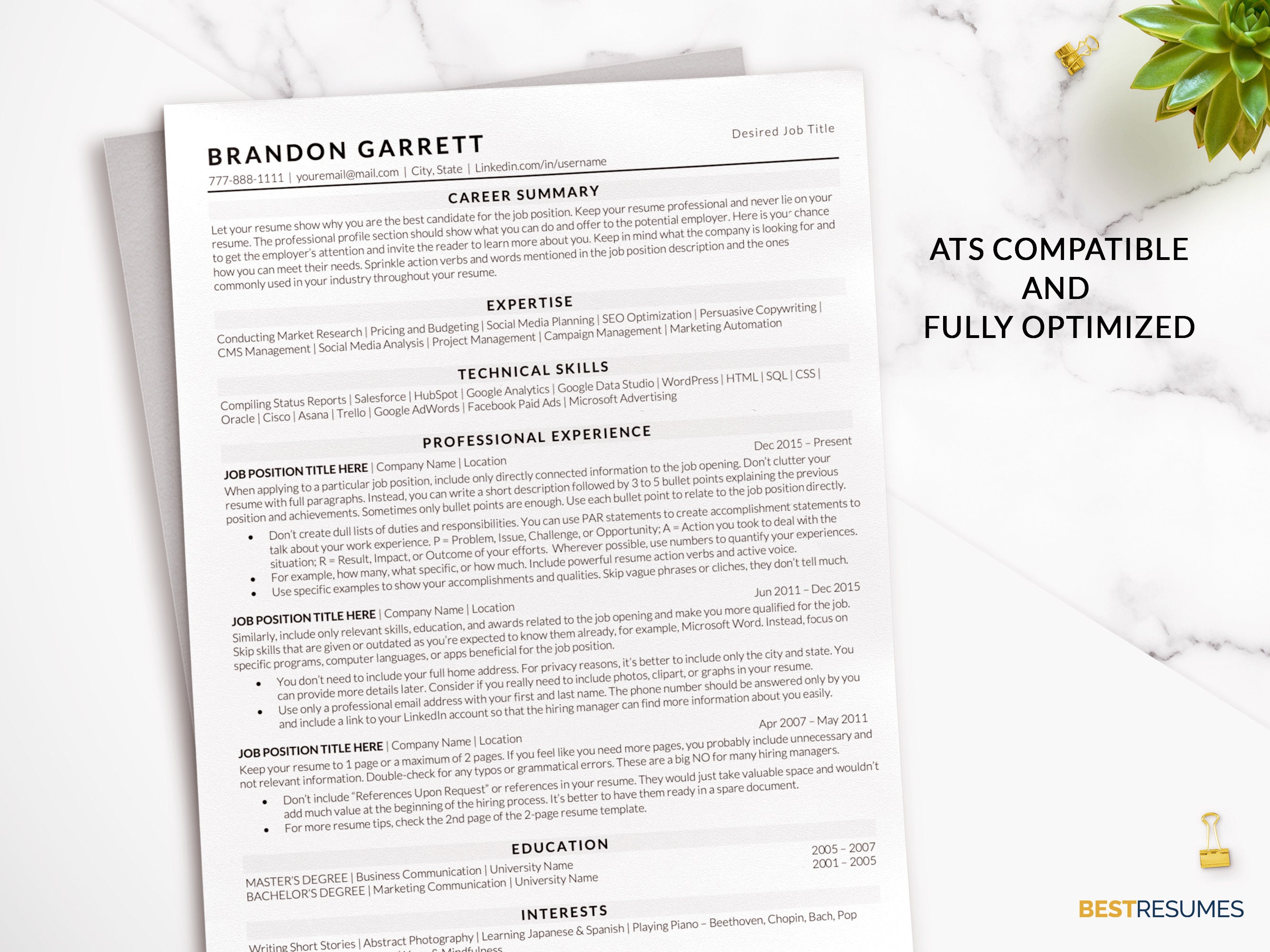 ATS Friendly Resume Template Word, Mac Pages, Chronological Simple ATS ...