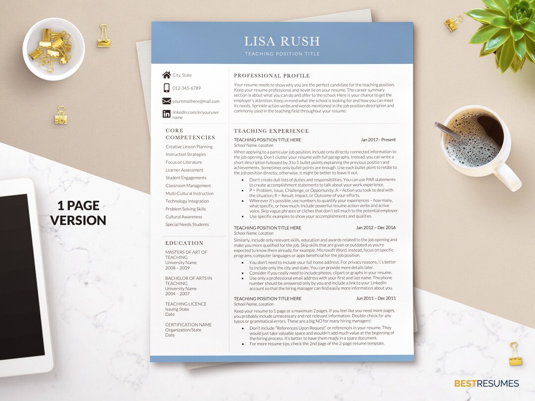 Modern Teacher Resume Template for Word, Professional Educator Resume ...