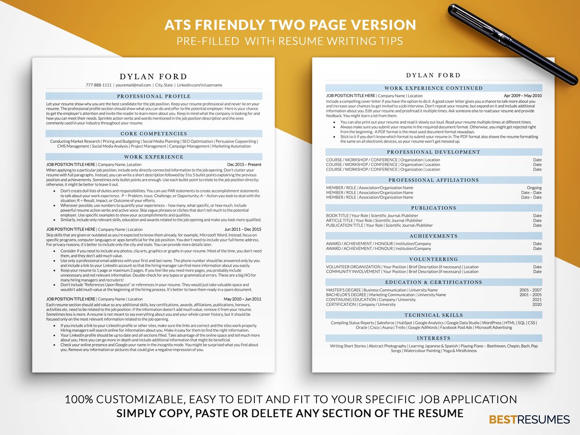 Professional ATS Resume Template for Word, Apple Mac Pages, Google Doc ...