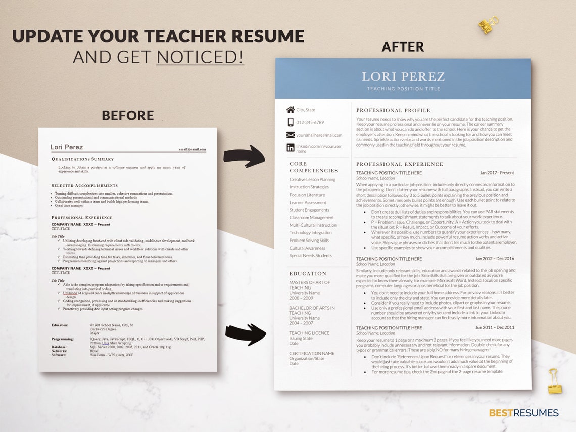 Professional Teaching Resume Template and Teacher Cover Letter, Teacher ...