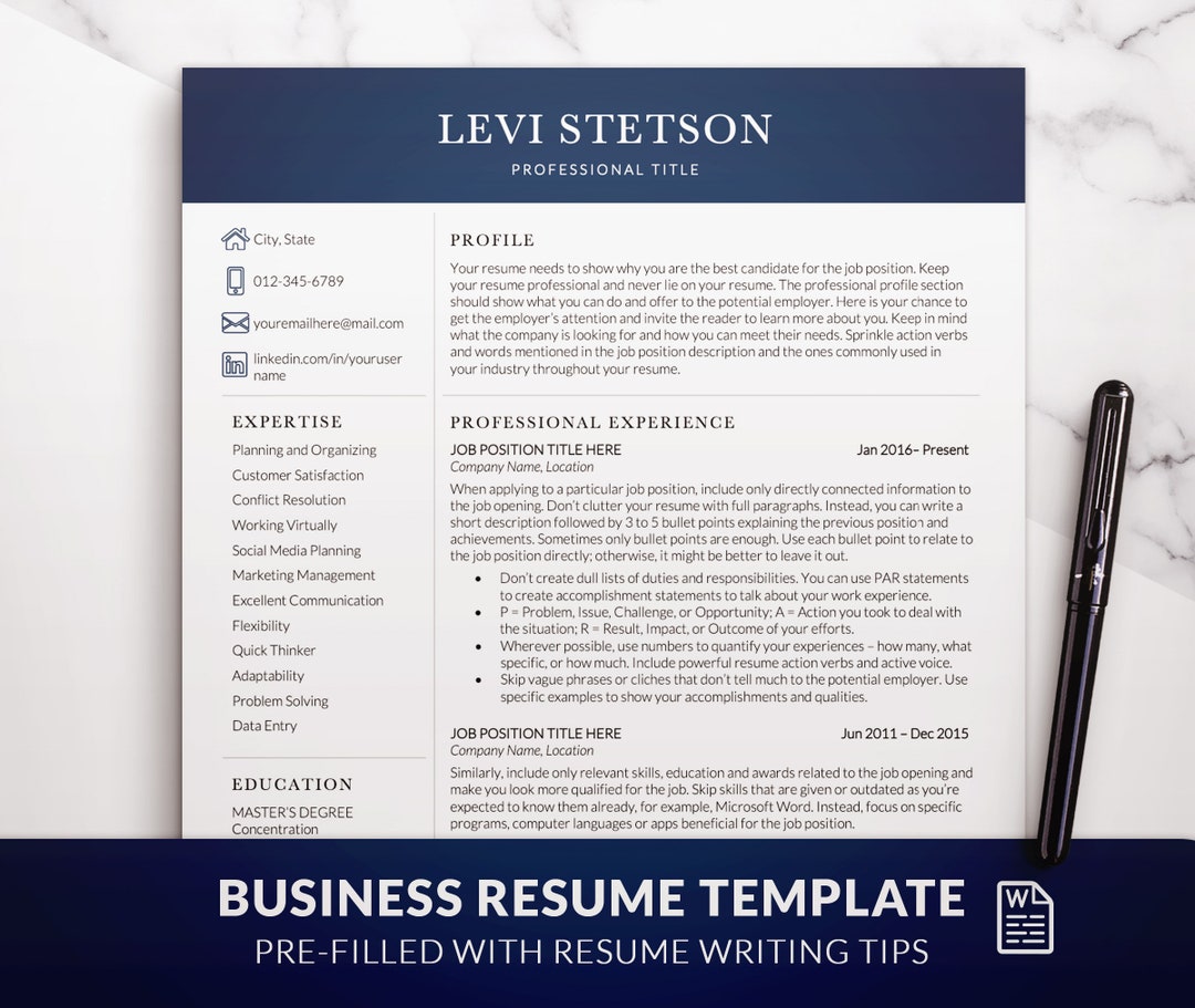 Professional Business Resume Template With a Cover Letter for MS Word ...