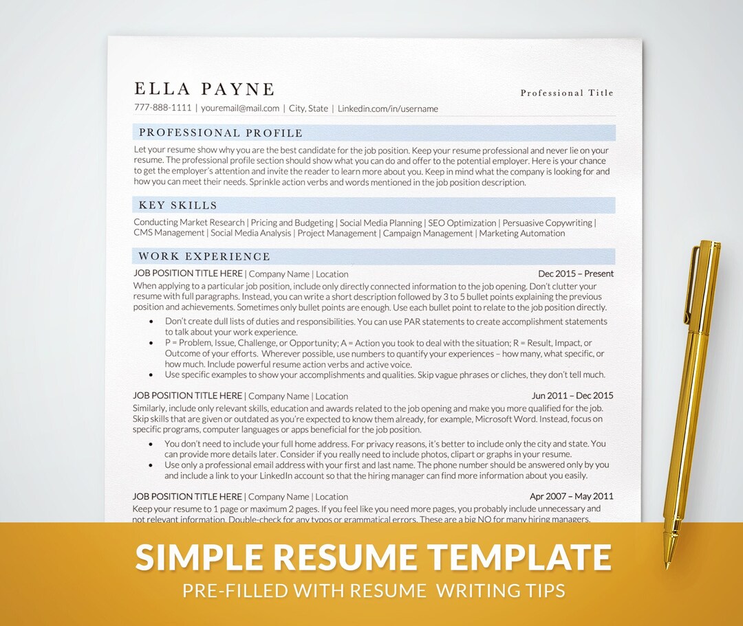One Column Resume Template Word, Mac Pages, Google Docs, Simple ATS ...
