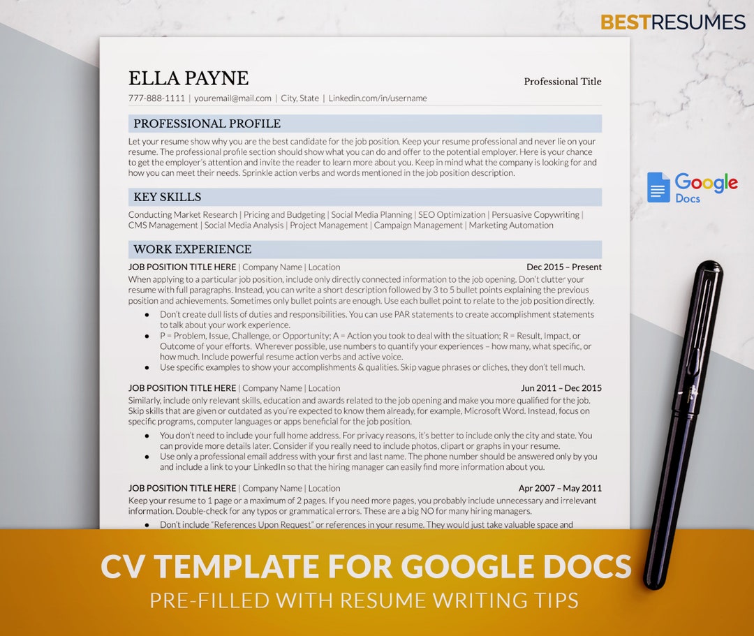 Professional Executive CV Template for Google Docs, ATS Friendly Resume ...